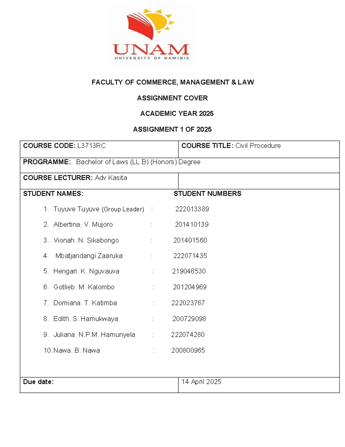 L3713RC Civil Procedure Final Group Assignment 2025 - Studocu