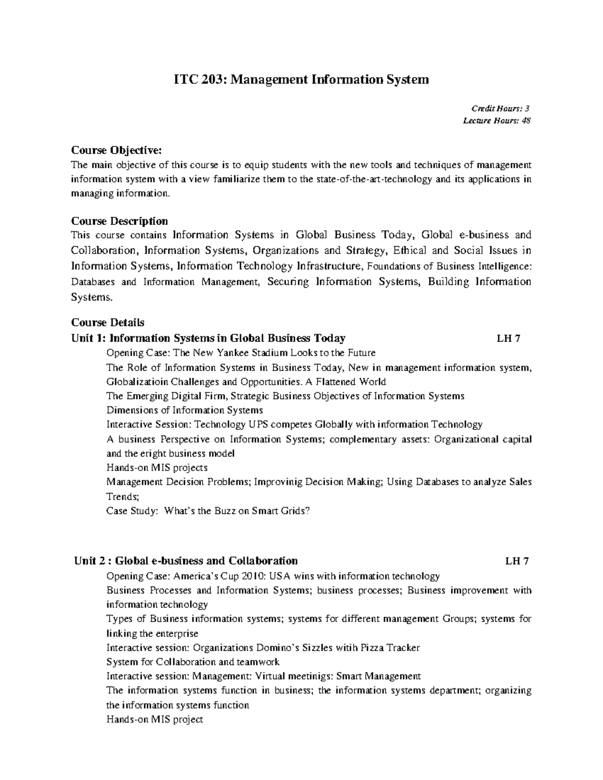 BBA 3rd Sem ITC 203 Management Information Systems Syllabus - Studocu