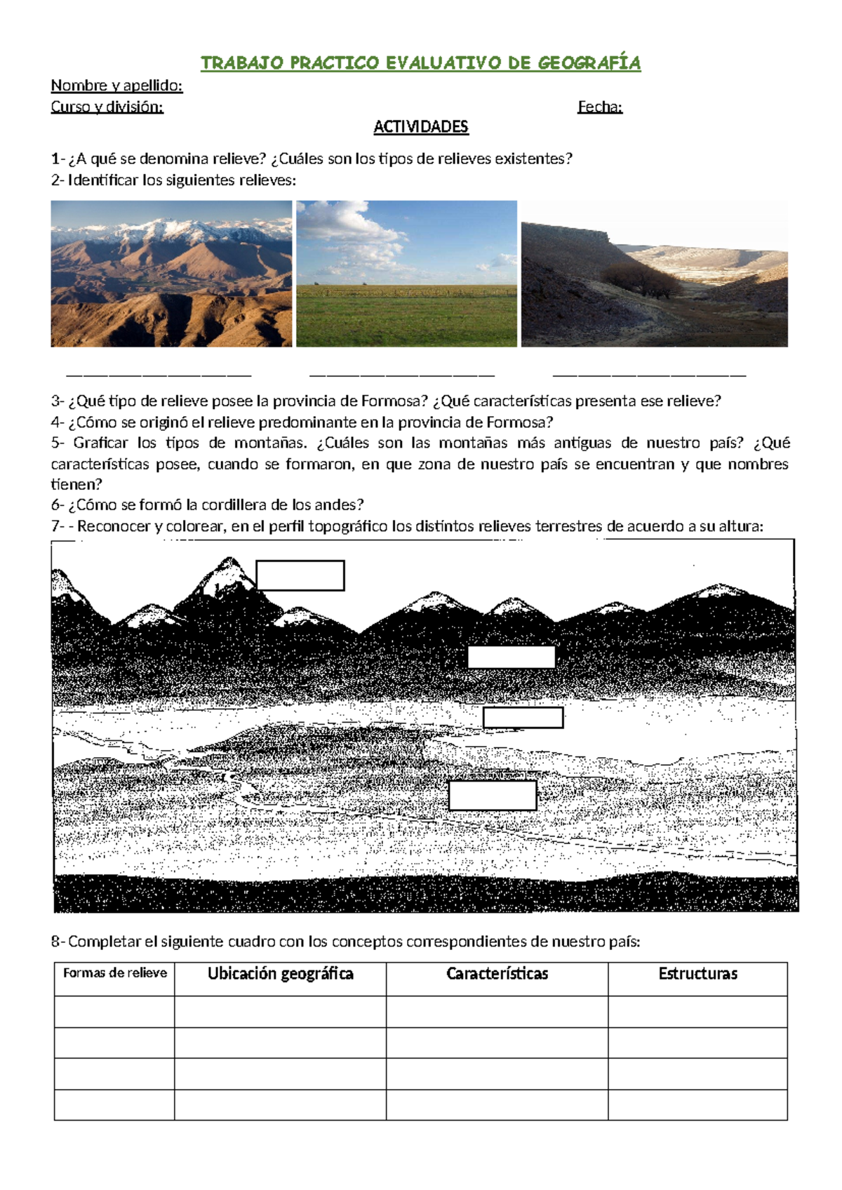 Hojas De Trabajo Sobre Formas Del Relieve