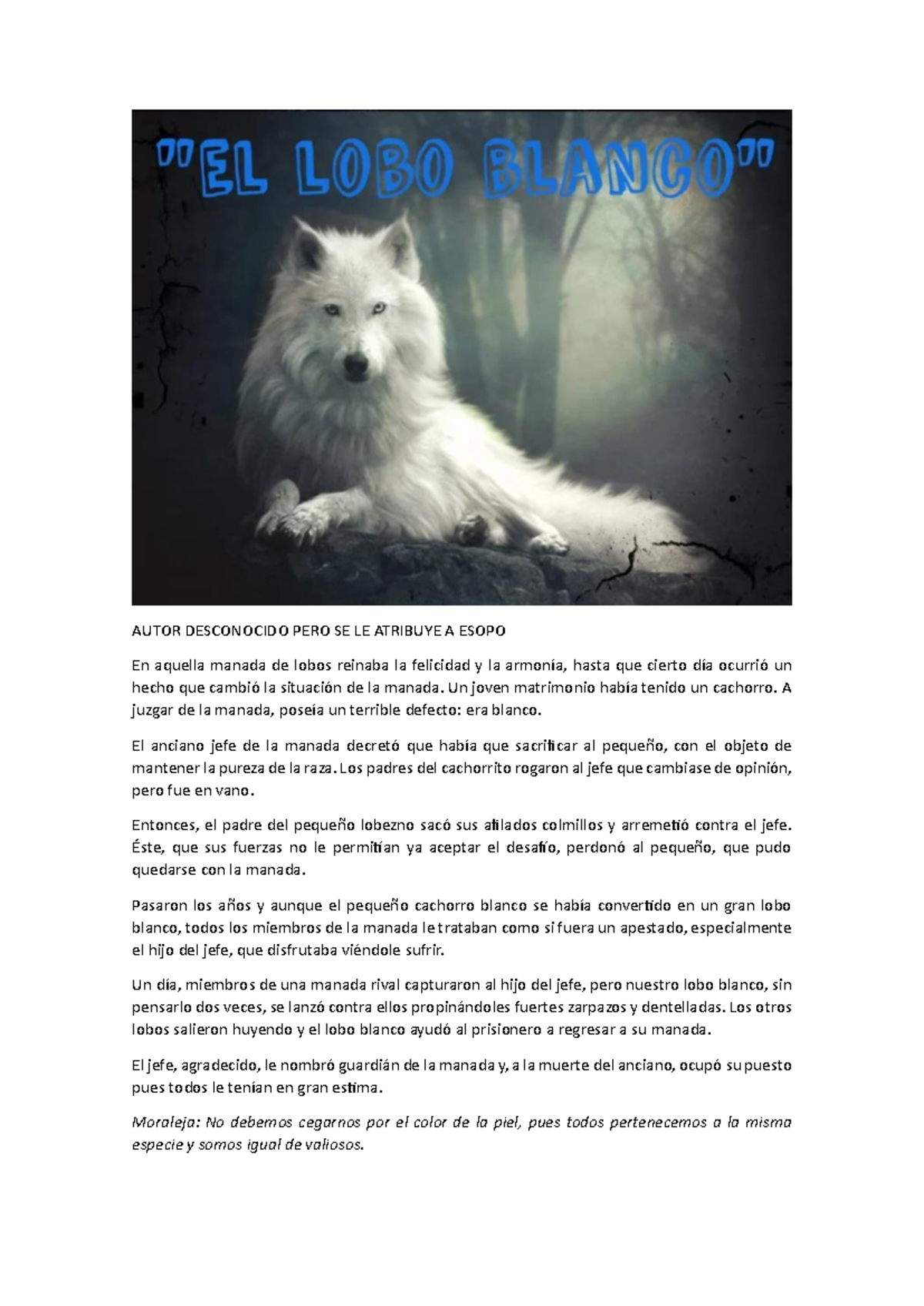 Fábula del Lobo Blanco: Moraleja sobre la Diversidad - Studocu