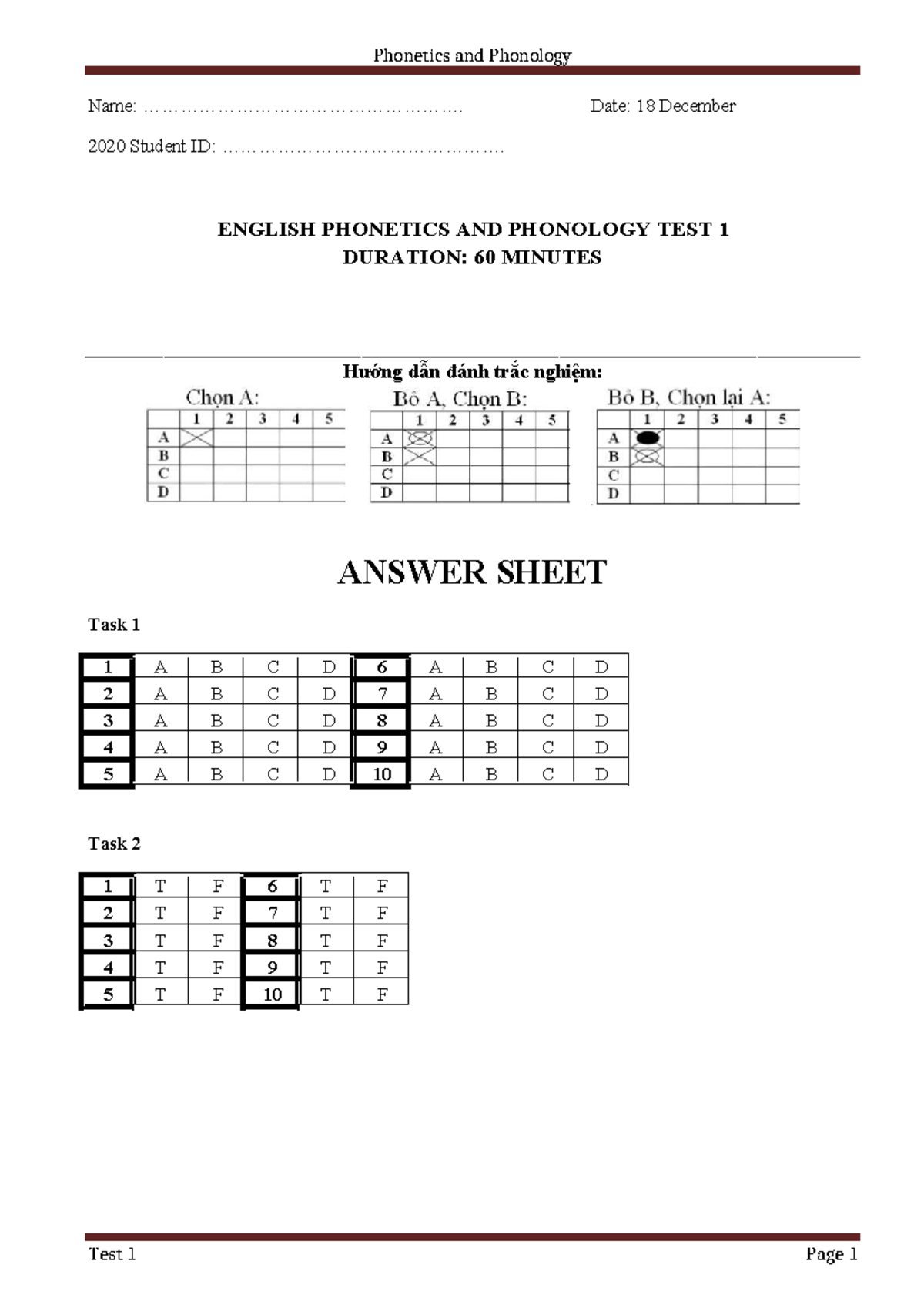 Sample test 1. Phonetics Phonology - Name