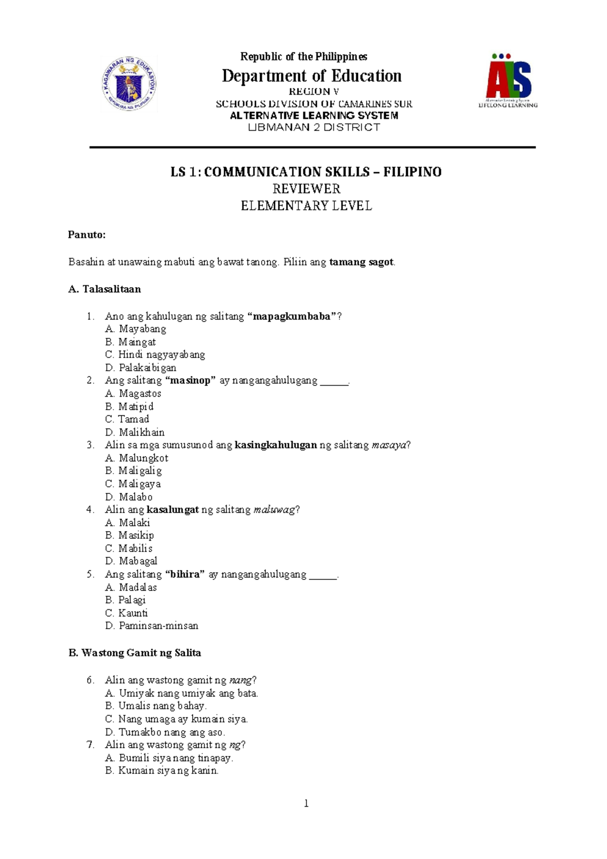 ELEM LS1: Communication Skills Filipino Reviewer for Elementary - Studocu