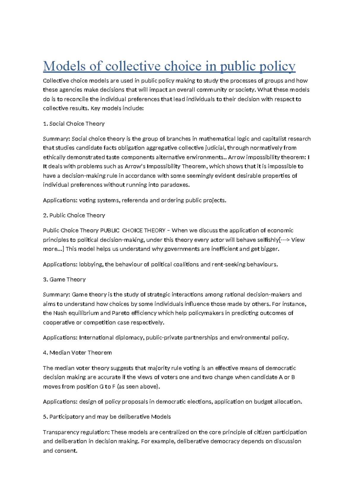 Models of collective choice in public policy - Models of collective ...