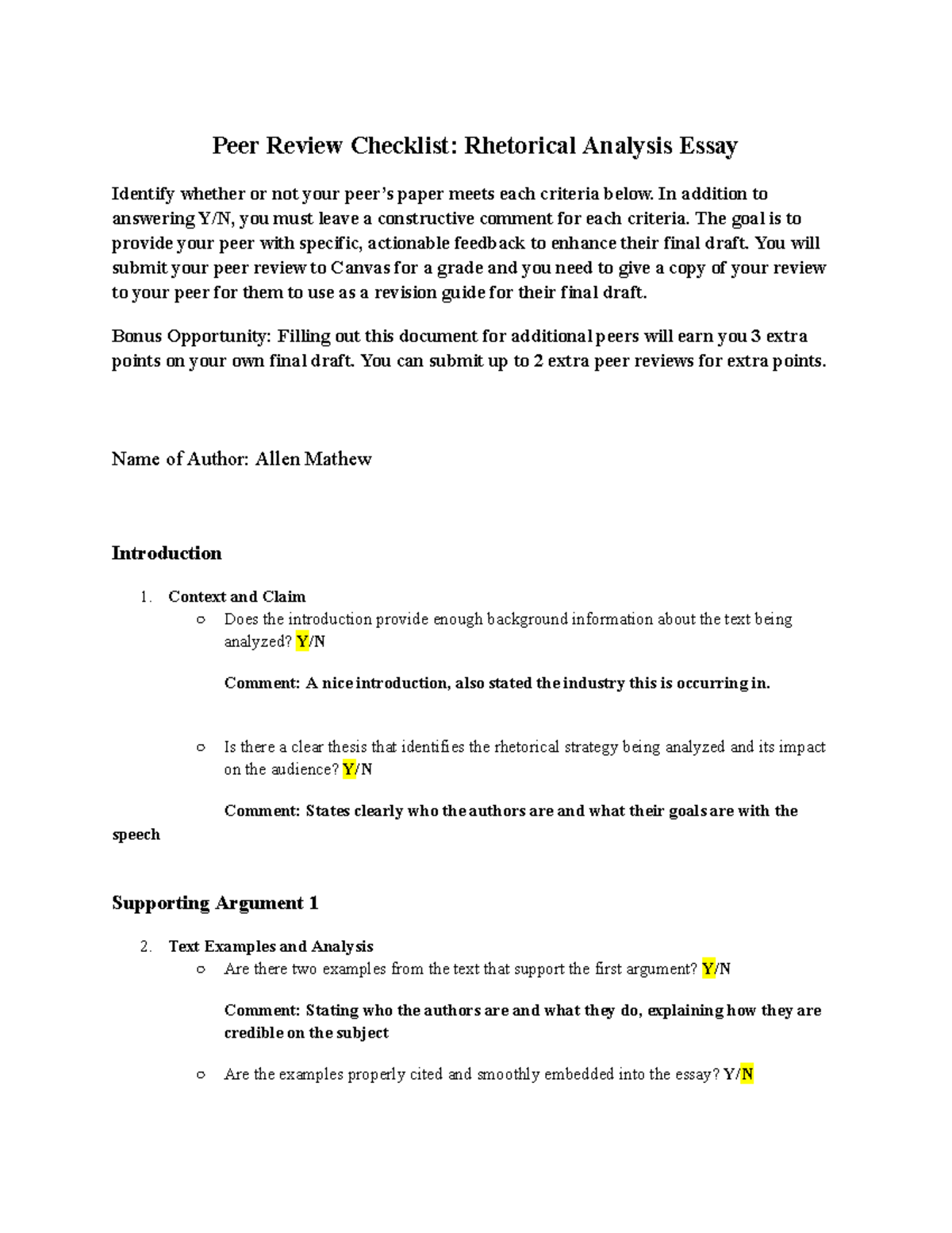 Copy of Peer Review Checklist Rhetorical Analysis Essay - Peer Review ...