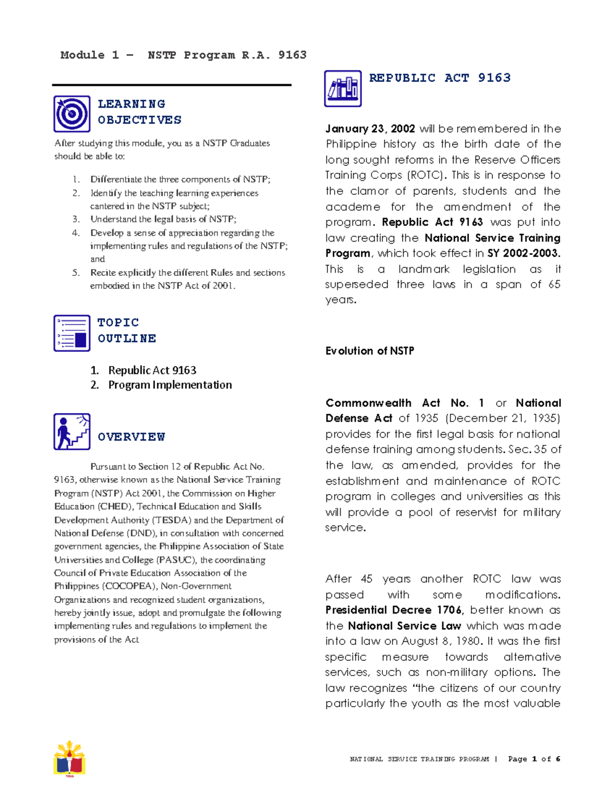 Module 1: Overview of NSTP Act 9163 and Its Components - Studocu
