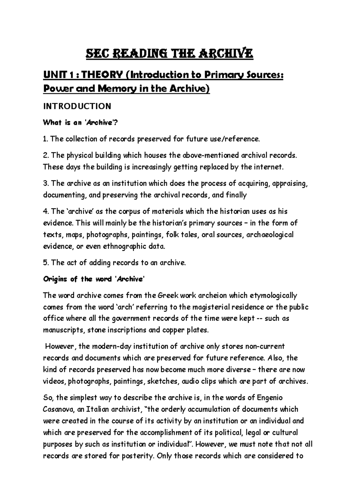 SEC READING THE ARCHIVE UNIT 1: THEORY AND PRACTICE OF ARCHIVES - Studocu