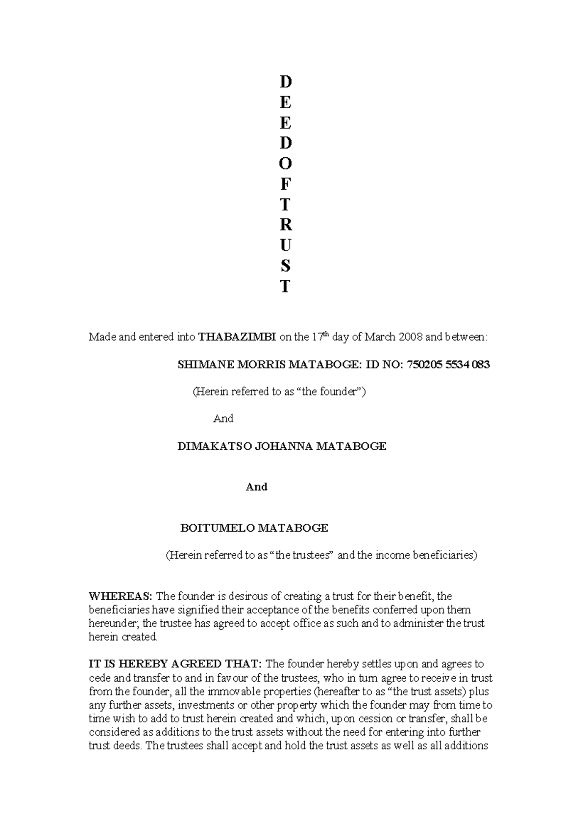DEED OF TRUST TEMPLATE FOR SANIBONANI FAMILY TRUST - Studocu