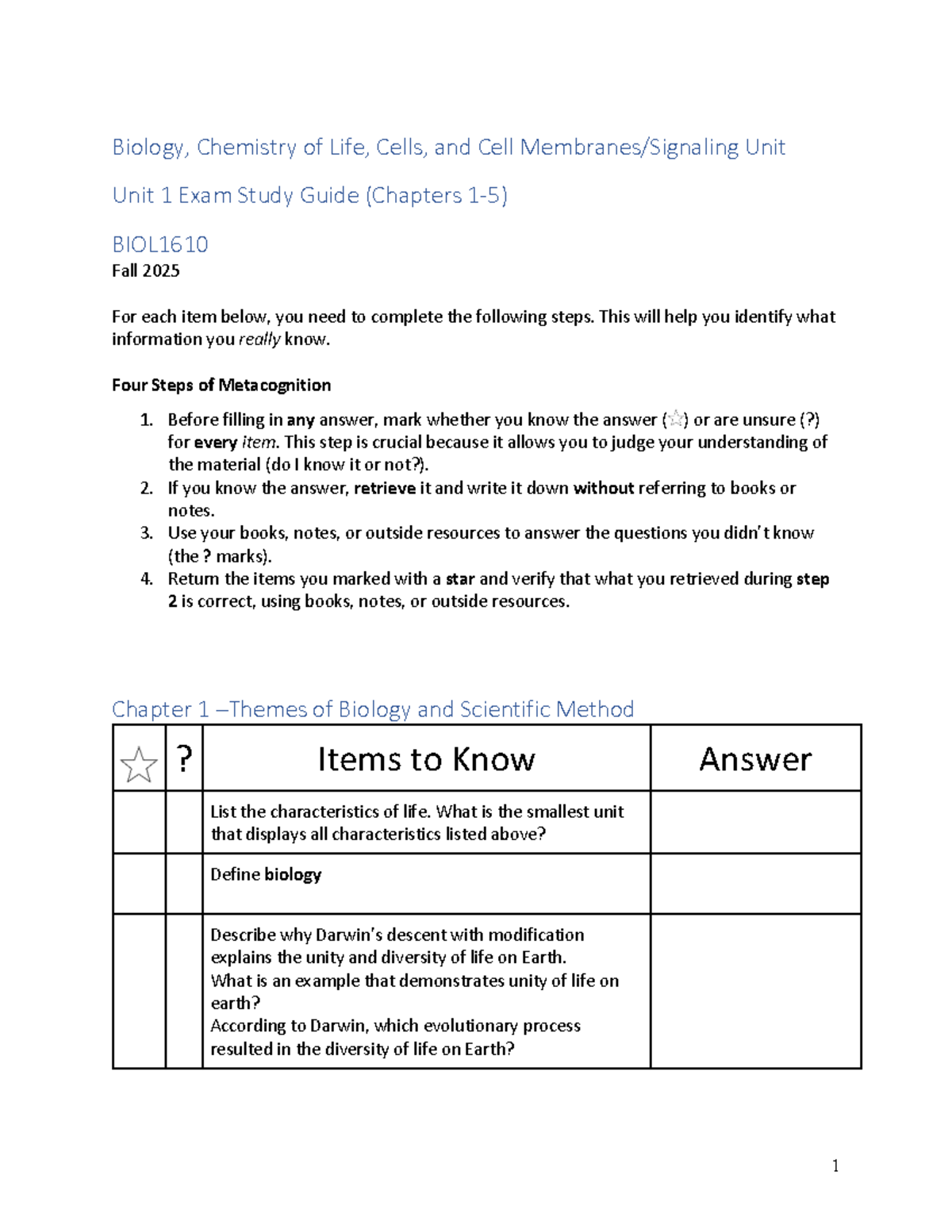 Unit 1 Exam Study Guide for BIOL1610: Biology & Chemistry Concepts ...