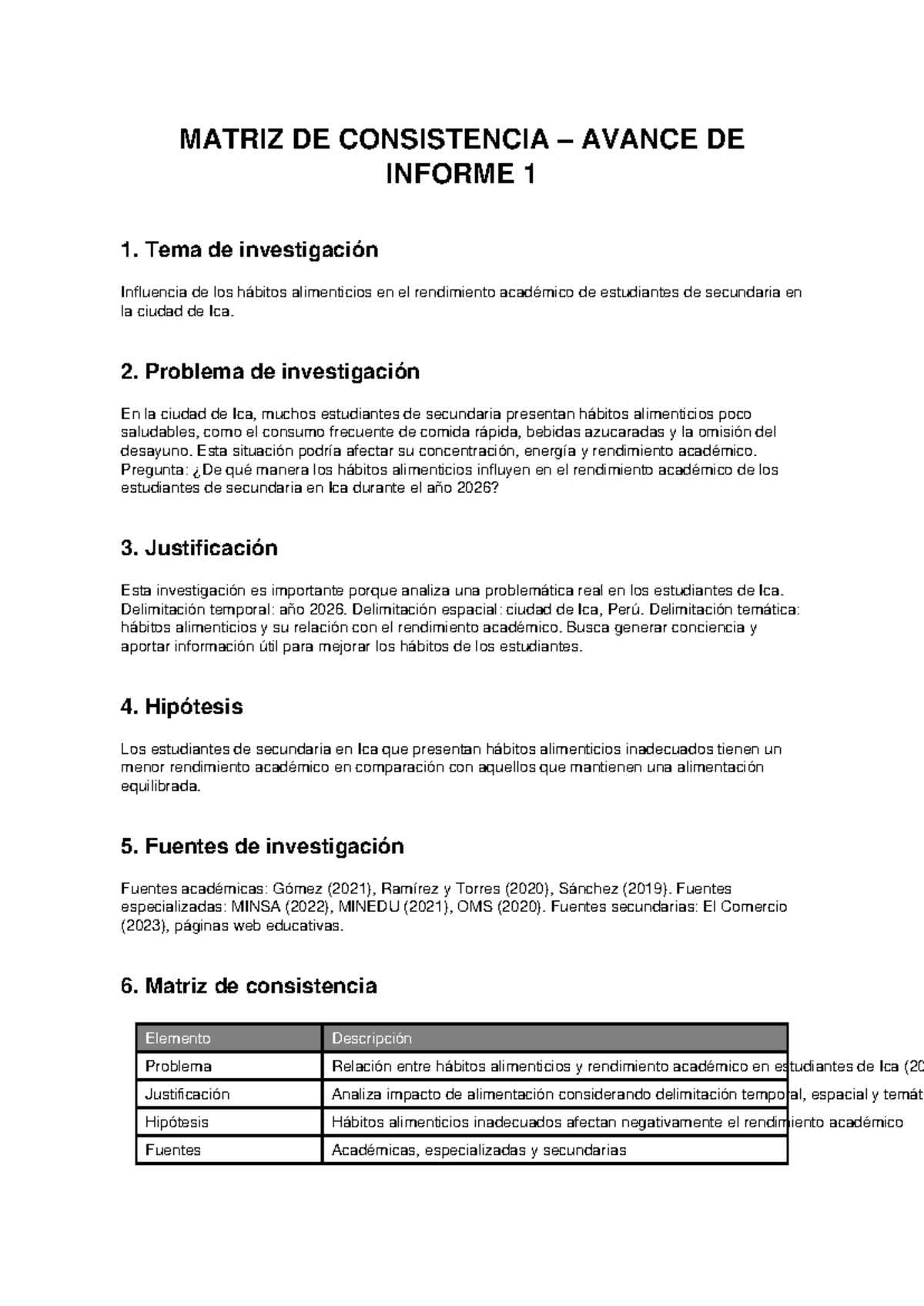 MATRIZ DE CONSISTENCIA: Hábitos Alimenticios y Rendimiento Académico en ...