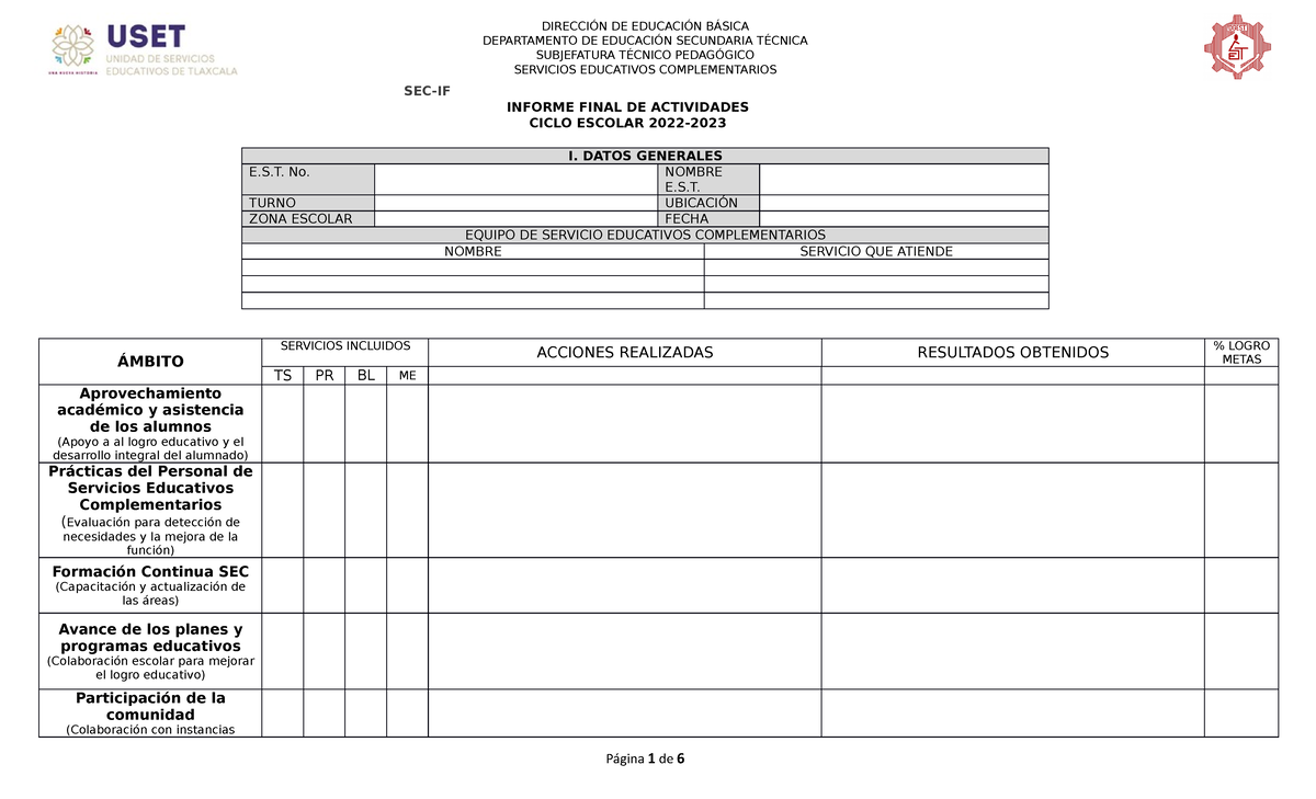 Informe Final SEC-IF: Actividades y Resultados Ciclo Escolar 2022 - Studocu