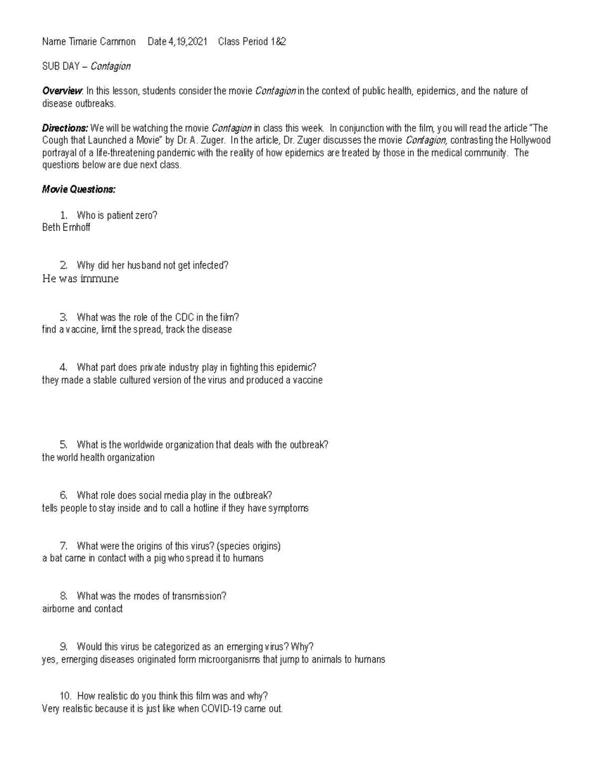 Contagion Movie Analysis Questions for Public Health Class - Studocu