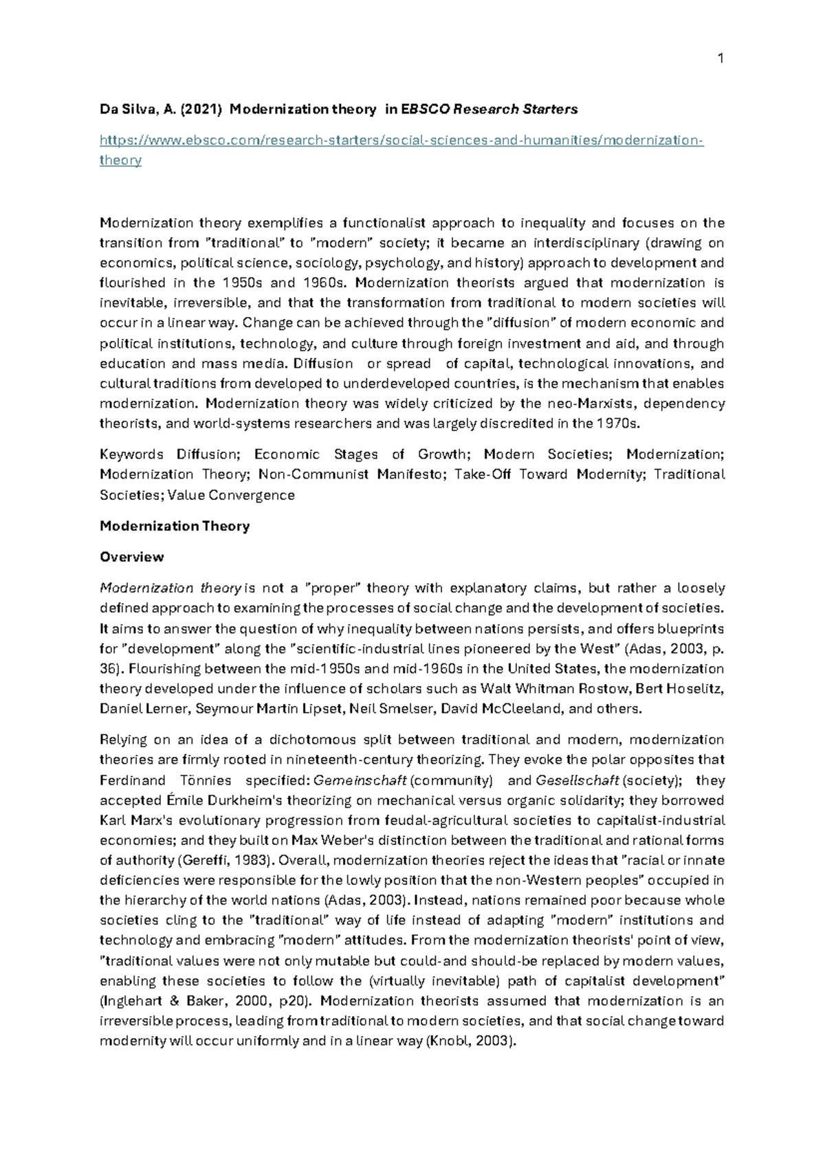 Modernization Theory Overview: Insights and Critiques (SOC 101) - Studocu