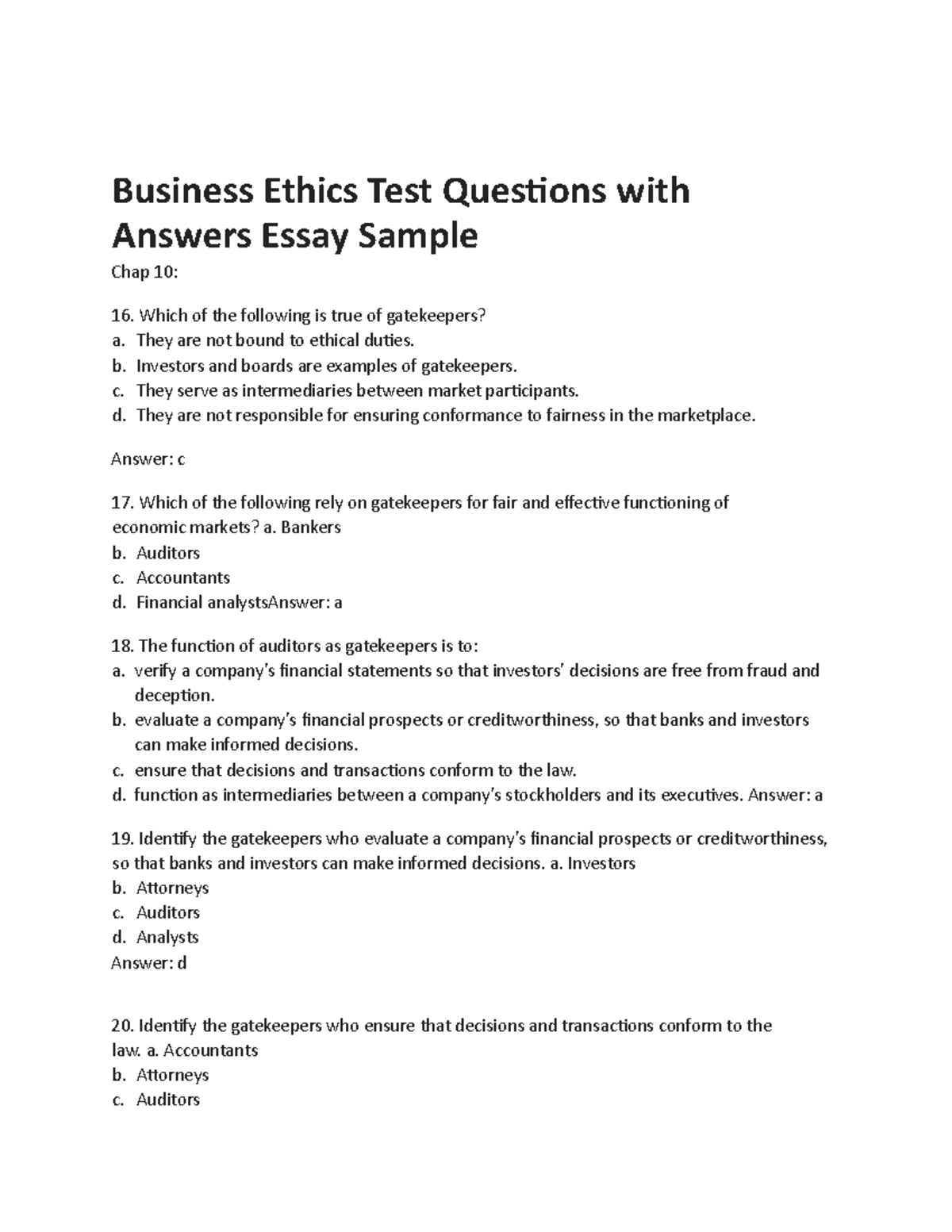 Business Ethics Exam with Answer - Business Ethics Test Questions with ...