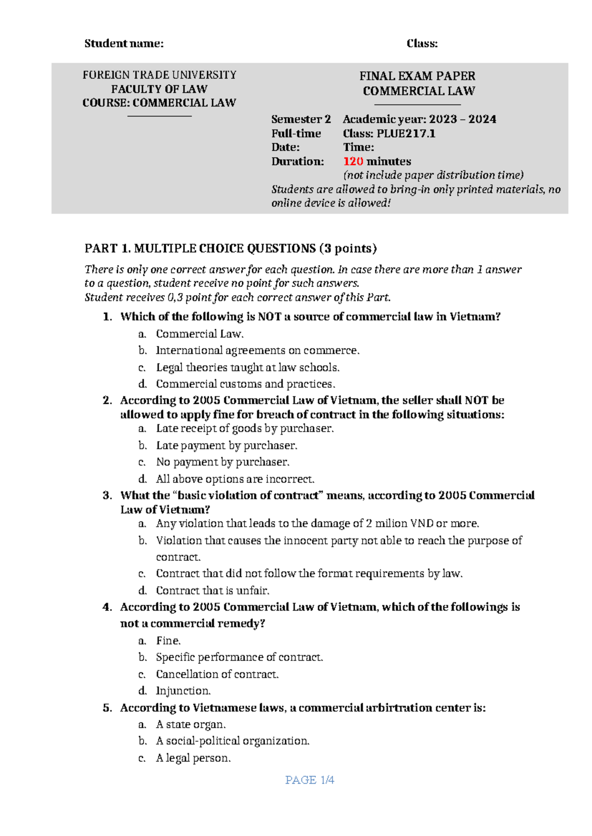 PLUE217.1 Commercial Law Final Exam Questions 2023-2024 - Studocu