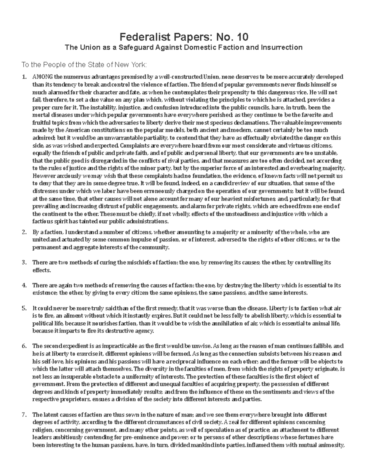 Federalist Papers No. 10: Analysis of Factions and Governance - Studocu