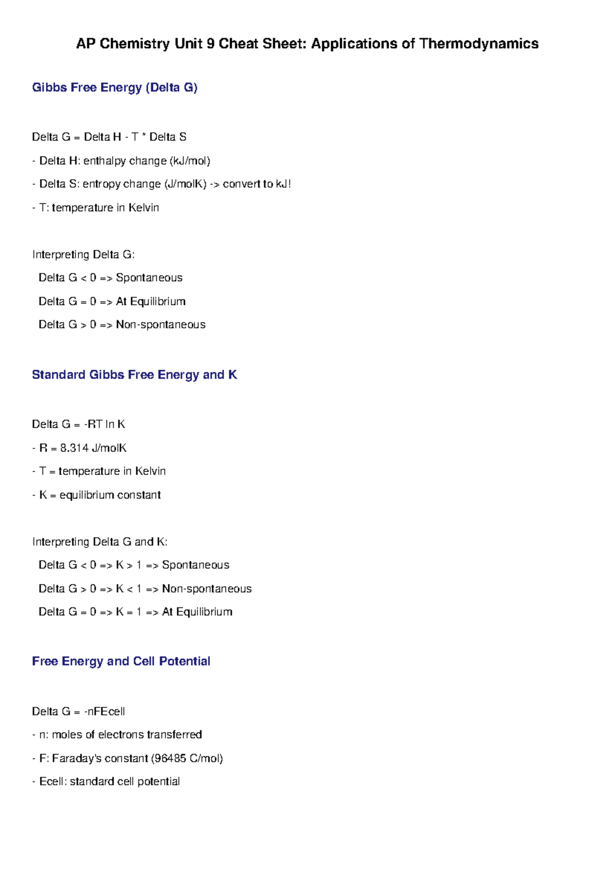 AP Chem Unit 9 Final Exam Cheat Sheet: Thermodynamics & Delta G - Studocu