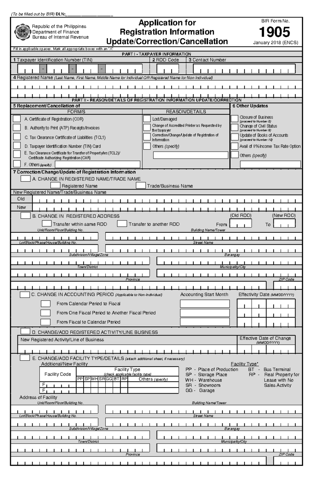 BIR FORM 1905 - Document - (To be filled out by BIR) DLN ...