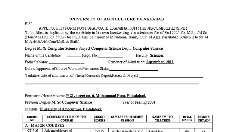 M.Sc. Computer Science Application Form - Univ. of Agri. Faisalabad ...