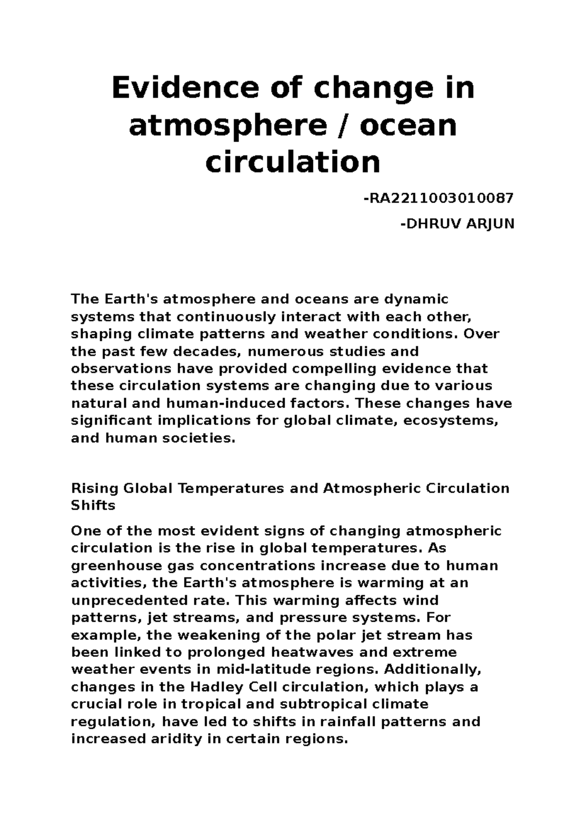 Evidence of Changes in Atmosphere-Ocean Circulation: Global Assignment ...