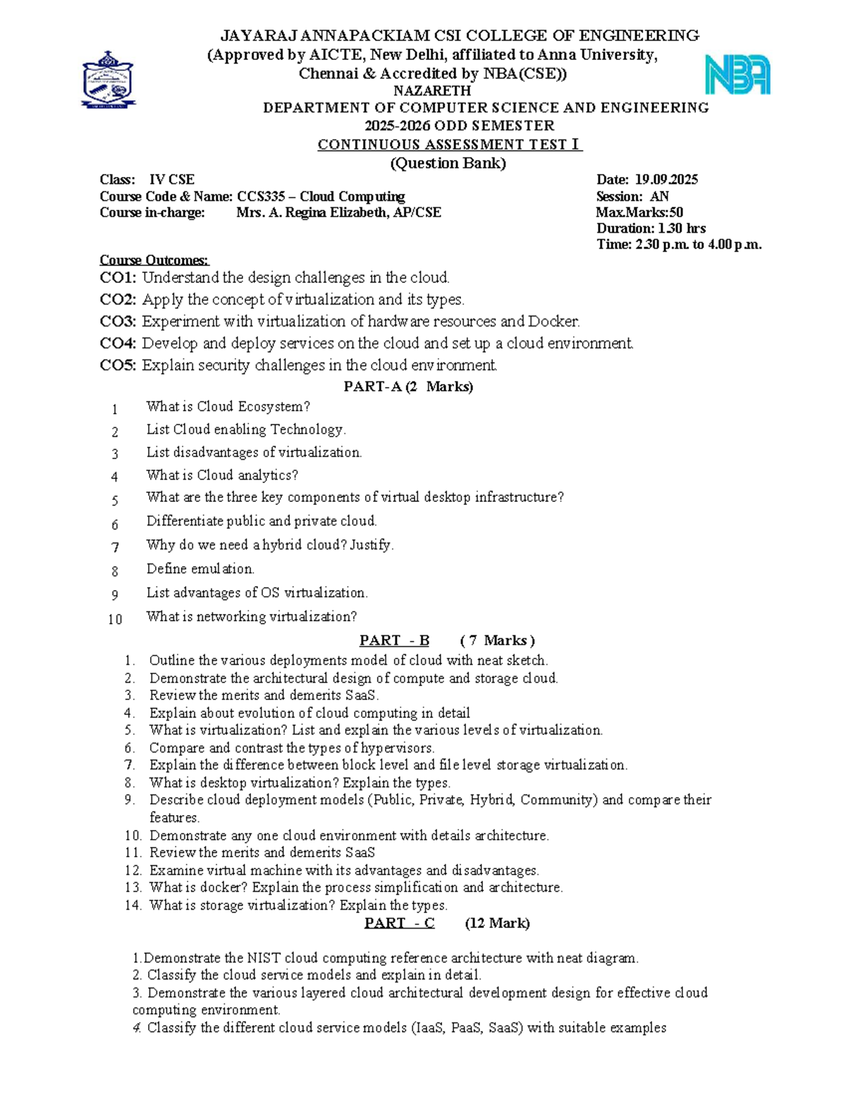 CCS335 Cloud Computing - Continuous Assessment Test I (Question Bank ...