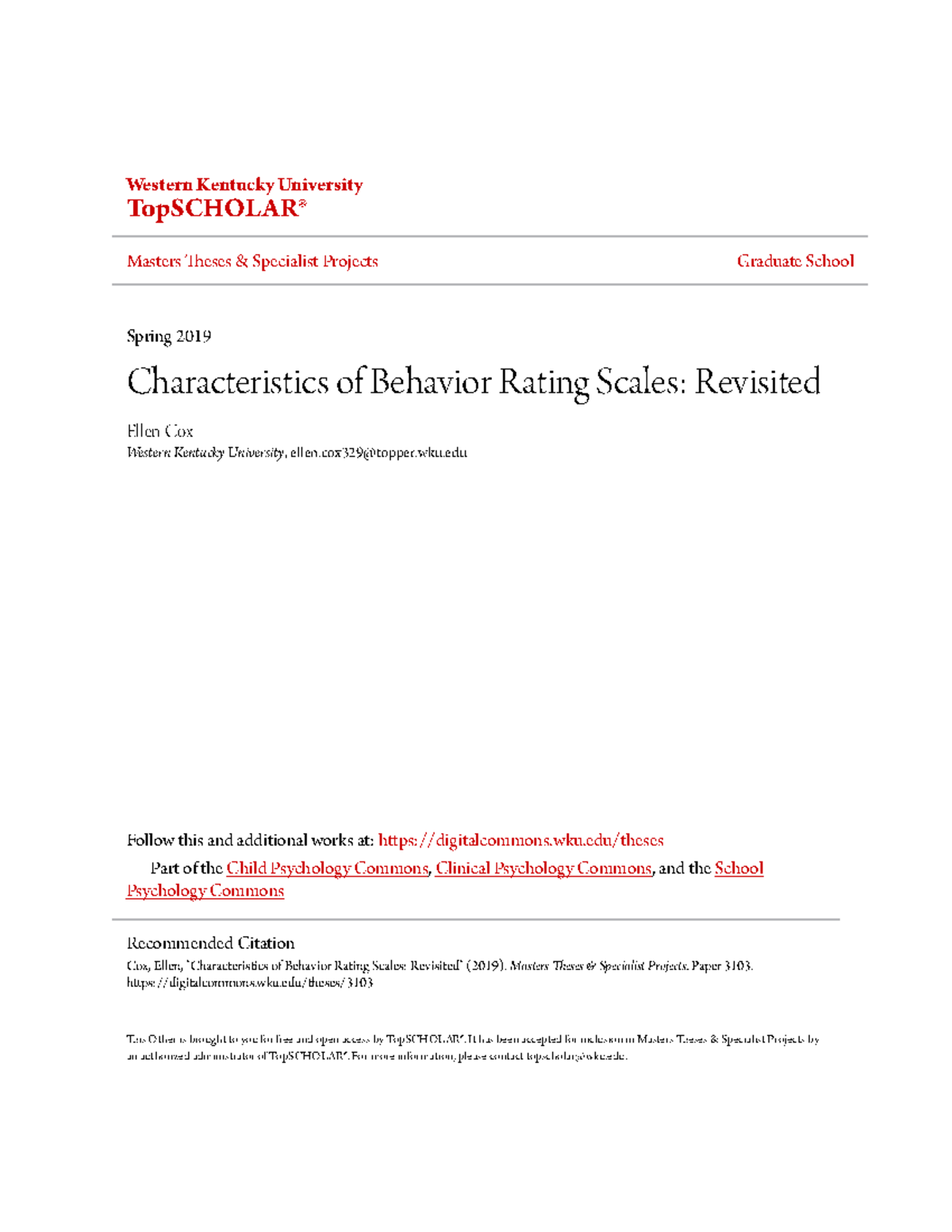 Characteristics of Behavior Rating Scales Revisited - Western Kentucky ...