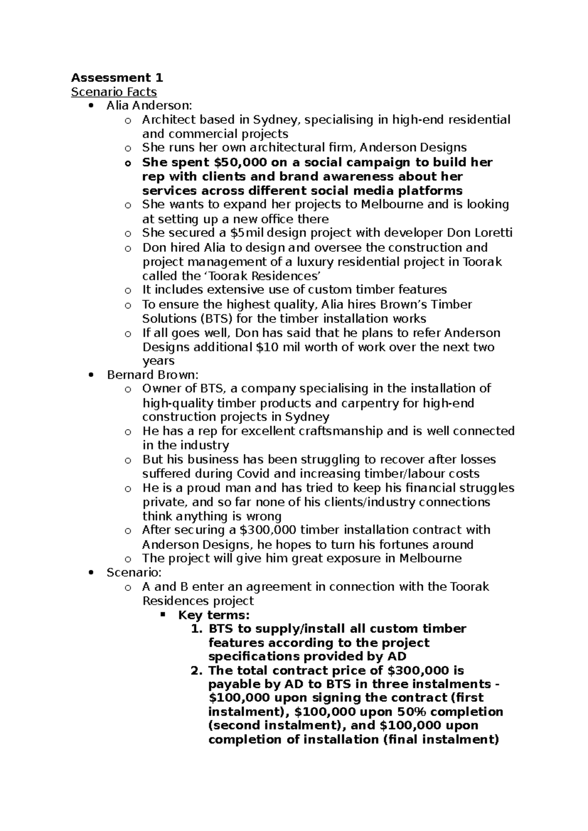 Assessment 1 - Notes for scenario - Assessment 1 Scenario Facts Alia ...