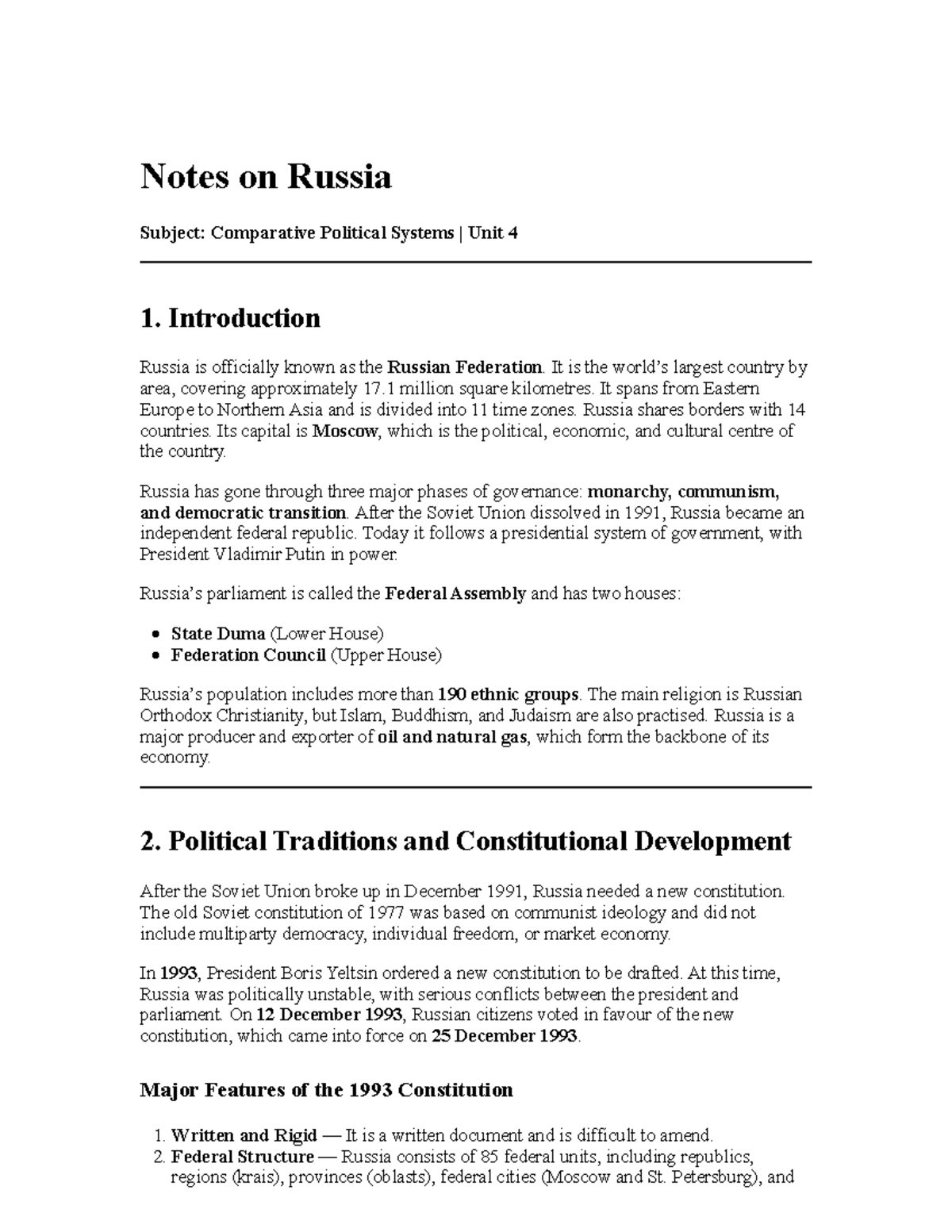 Comparative Political Systems: Unit 4 Notes on Russia - Studocu