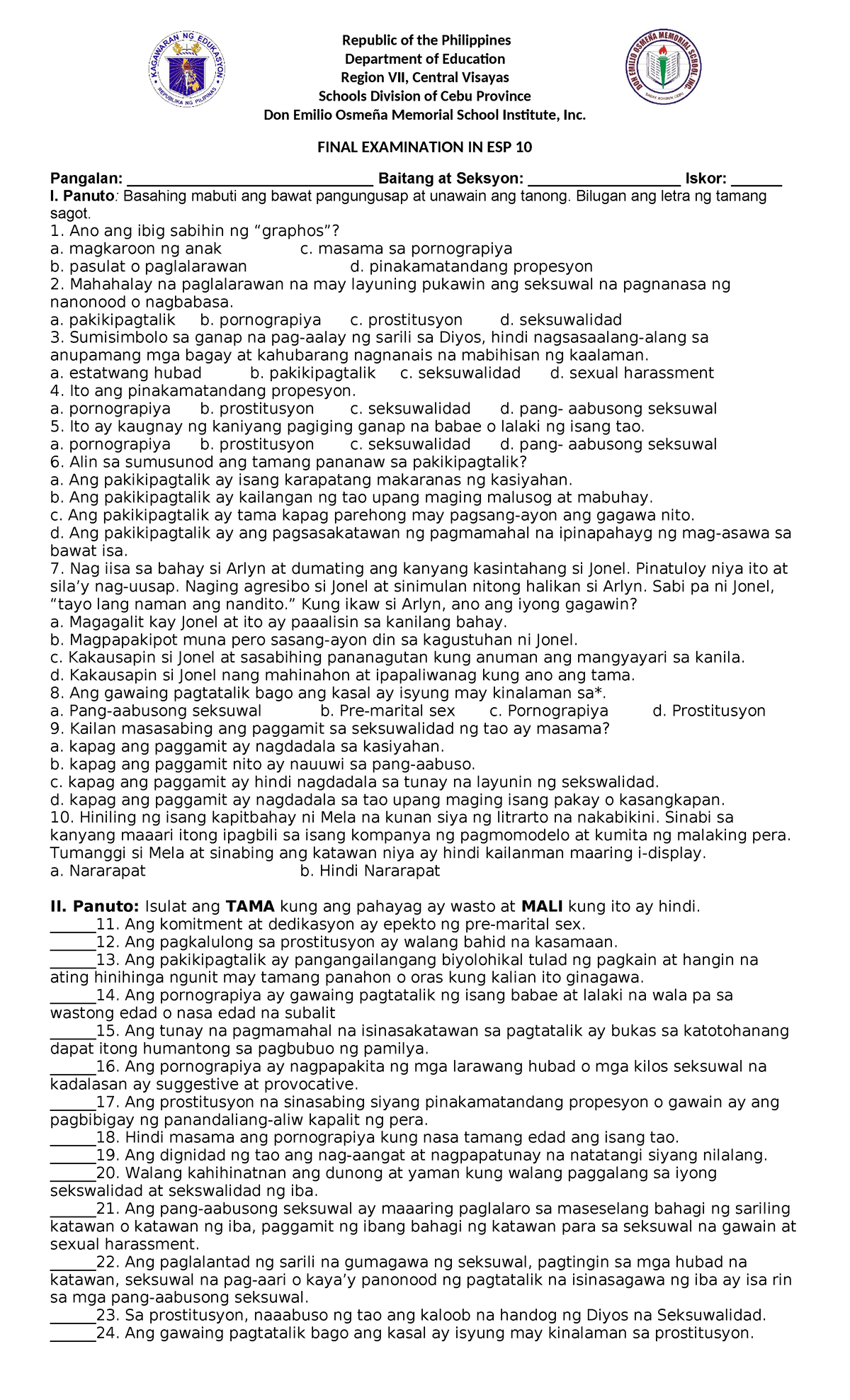 Final Exam in ESP 10: Key Concepts and Questions - Studocu