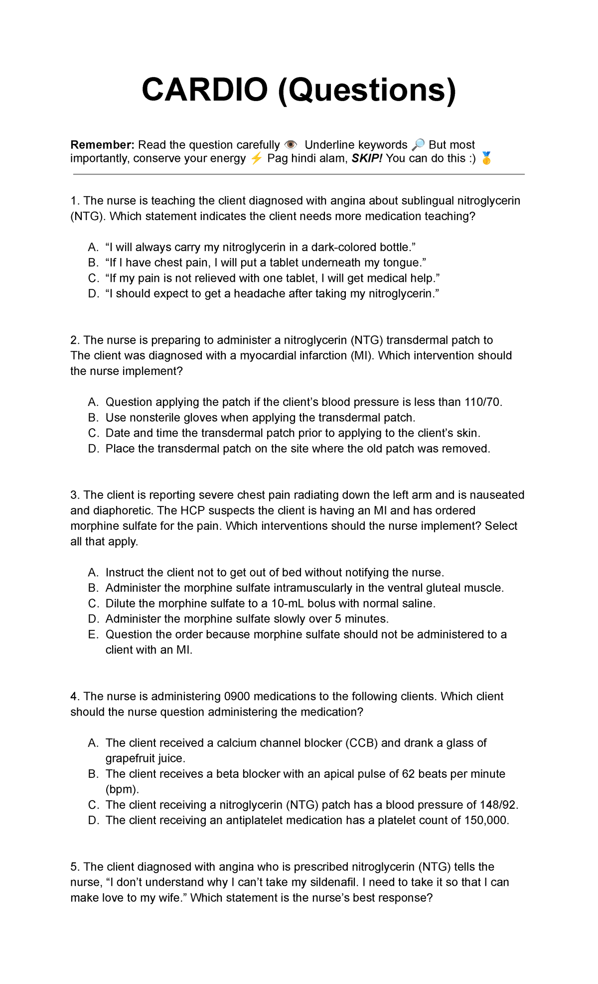CARDIO (Questions) - Key Concepts and Interventions for Angina and MI ...
