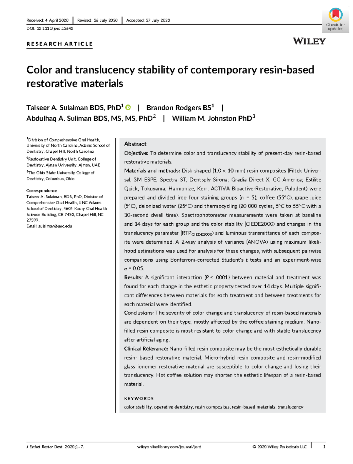 Color and Translucency Stability of Restorative Materials: A Study ...