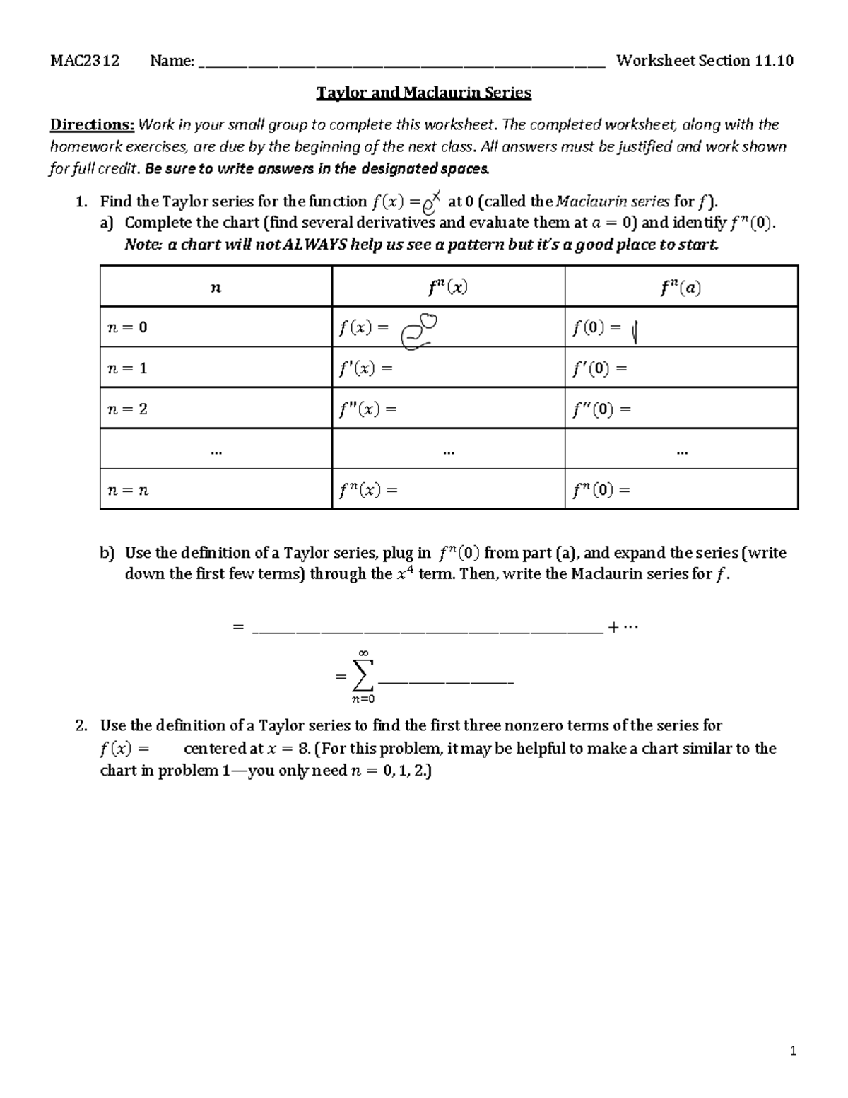 MAC231 Worksheet 11: Taylor and Maclaurin Series Concepts - Studocu