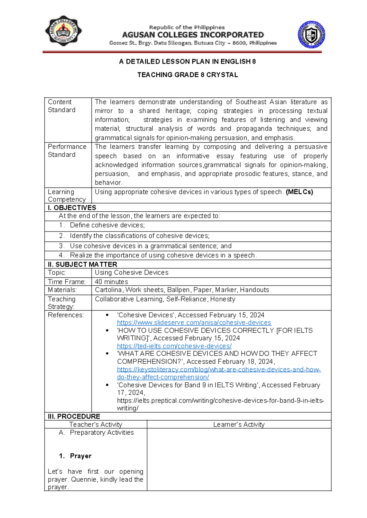 ENG 8: Lesson Plan on Using Cohesive Devices in Speech - Studocu