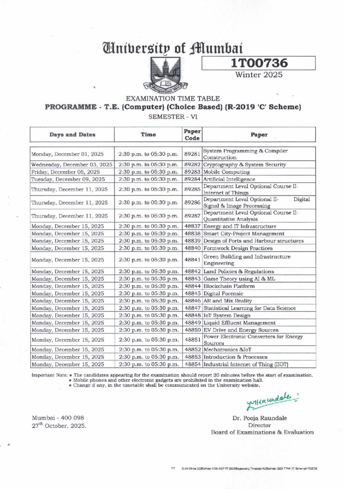 University of Mumbai T00736 Winter 2025 T.E. (Computer) Exam Timetable - Studocu