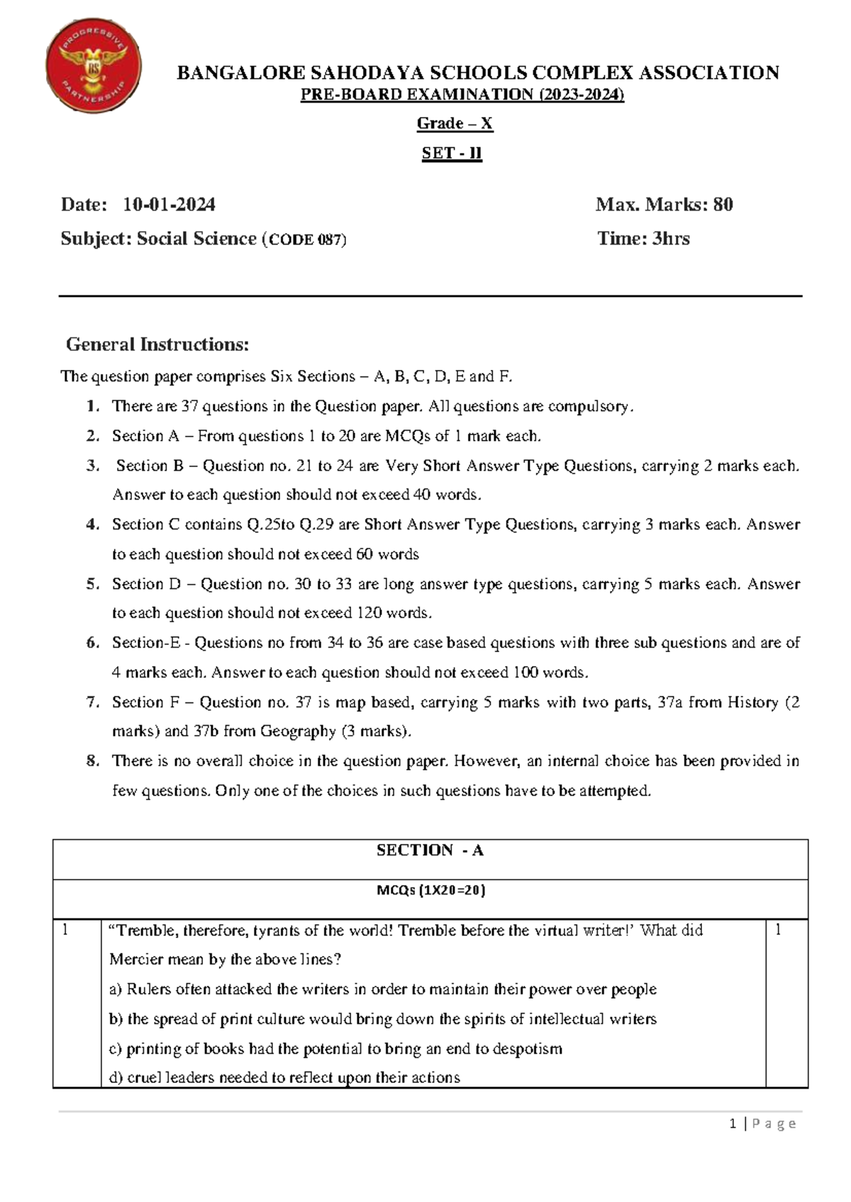 Social Science Exam Paper - Grade X SET II (CODE 087) - Studocu