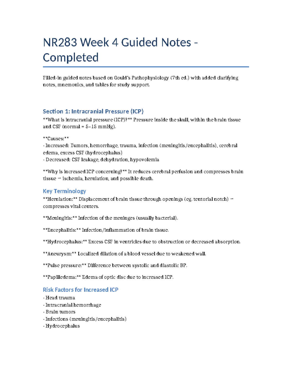 NR283 Week 4 Guided Notes: Pathophysiology Insights and Key Concepts ...