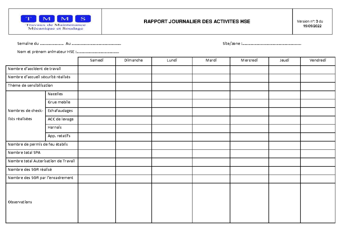 Rapport HSE Journaliers - RAPPORT JOURNALIER DES ACTIVITES HSE Version ...
