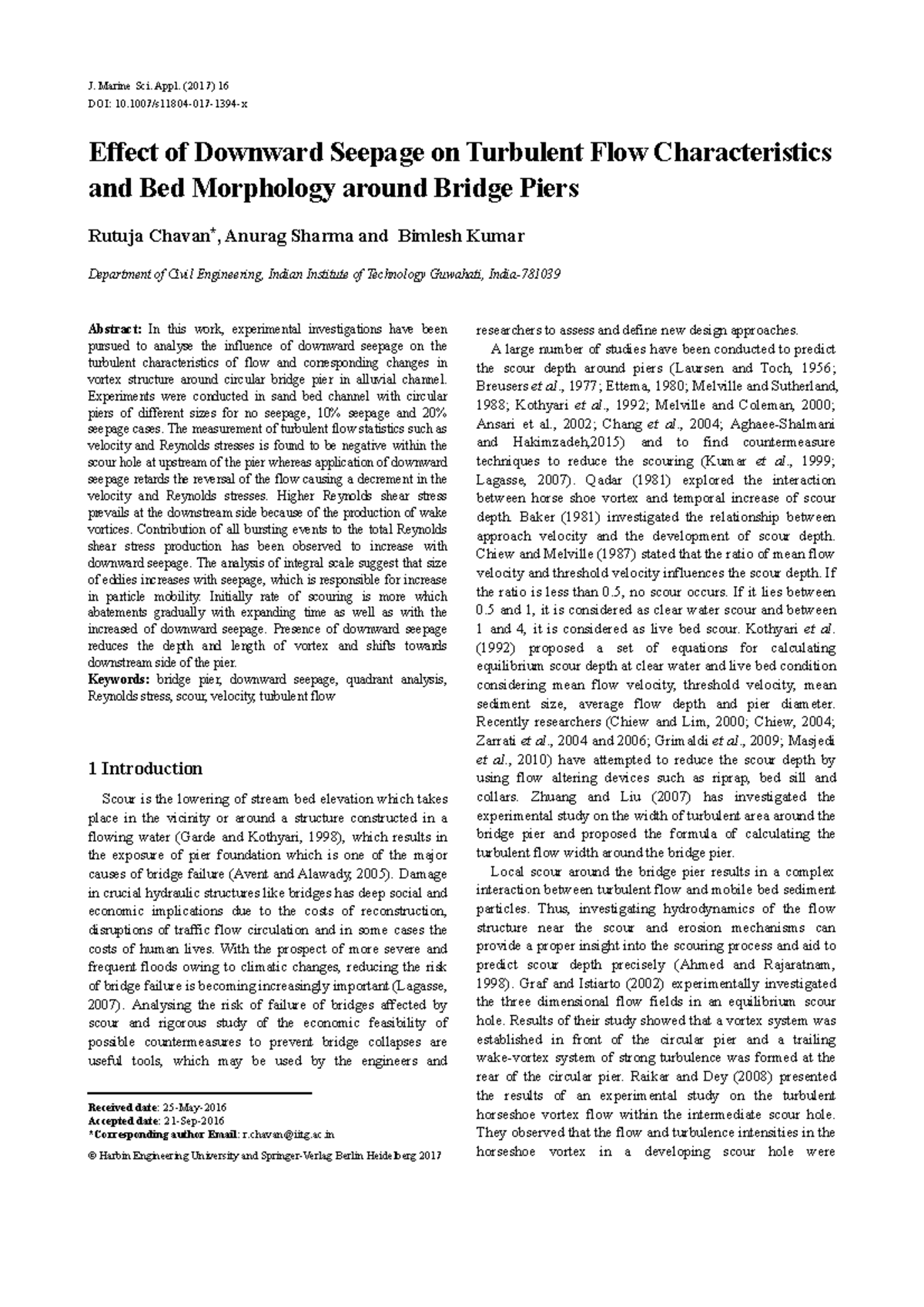 Effect of Downward Seepage on Turbulent Flow and Scour around Bridge ...