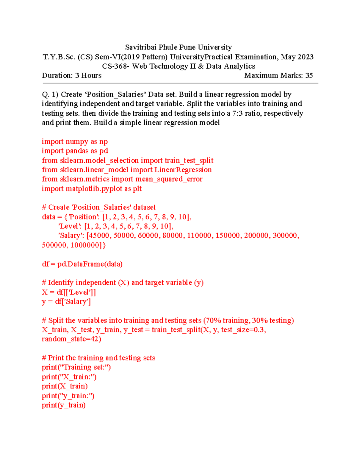 CS-368 Data Analytics Practical Exam Solutions - May 2023 - Studocu