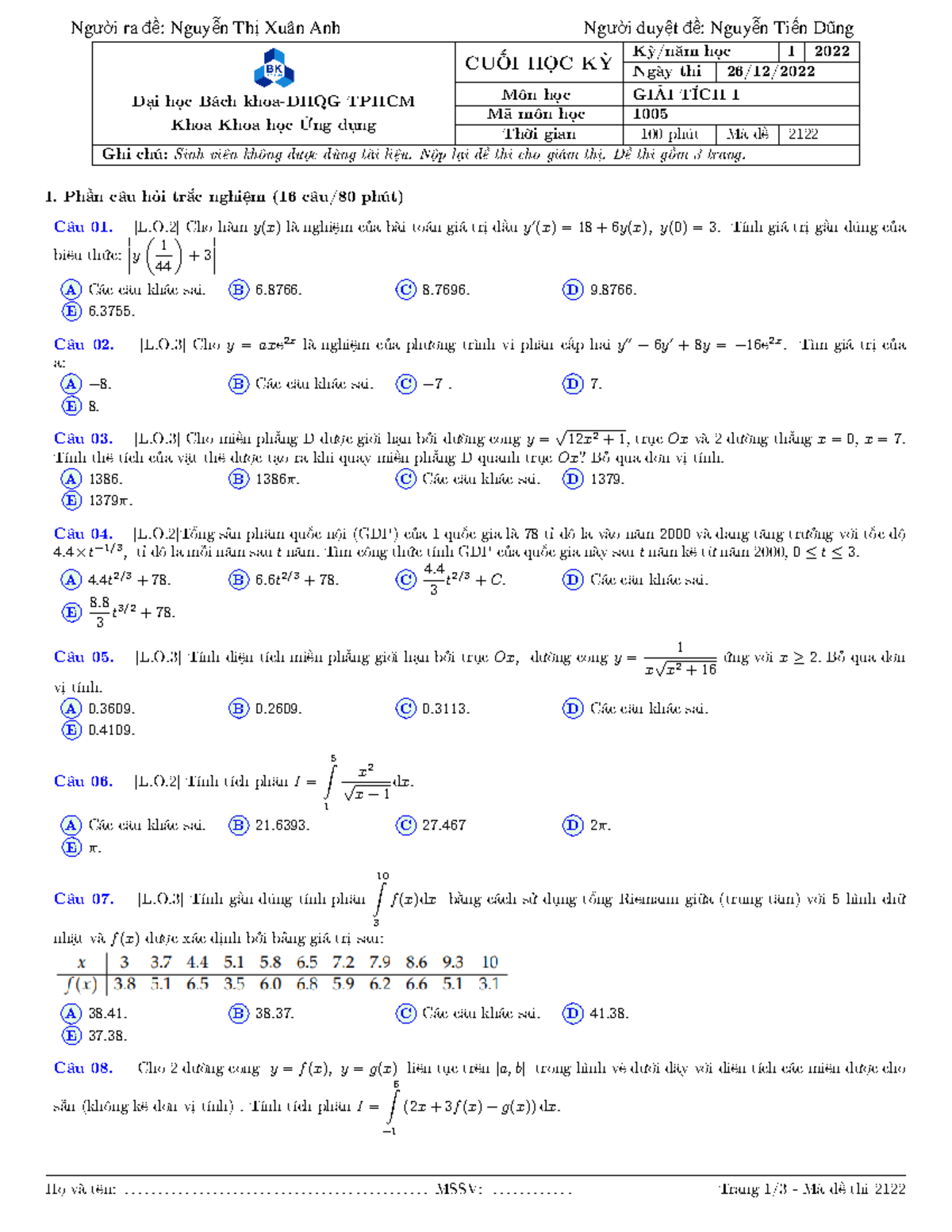 CA2 HK221 - đề thi - ¤i håc B¡ch khoa- HQG TPHCM Khoa Khoa håc Ùng döng CUÈI HÅC KÝ Ký/n«m håc I ...