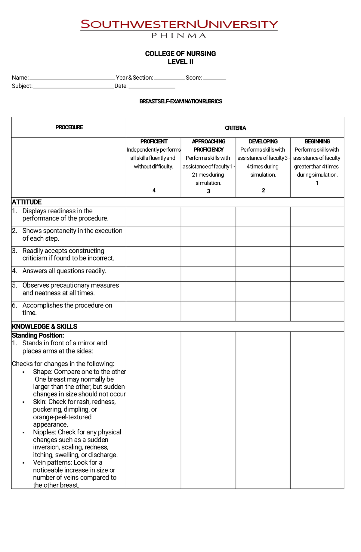 COLLEGE OF NURSING LEVEL II: Procedure Criteria for Proficiency - Studocu