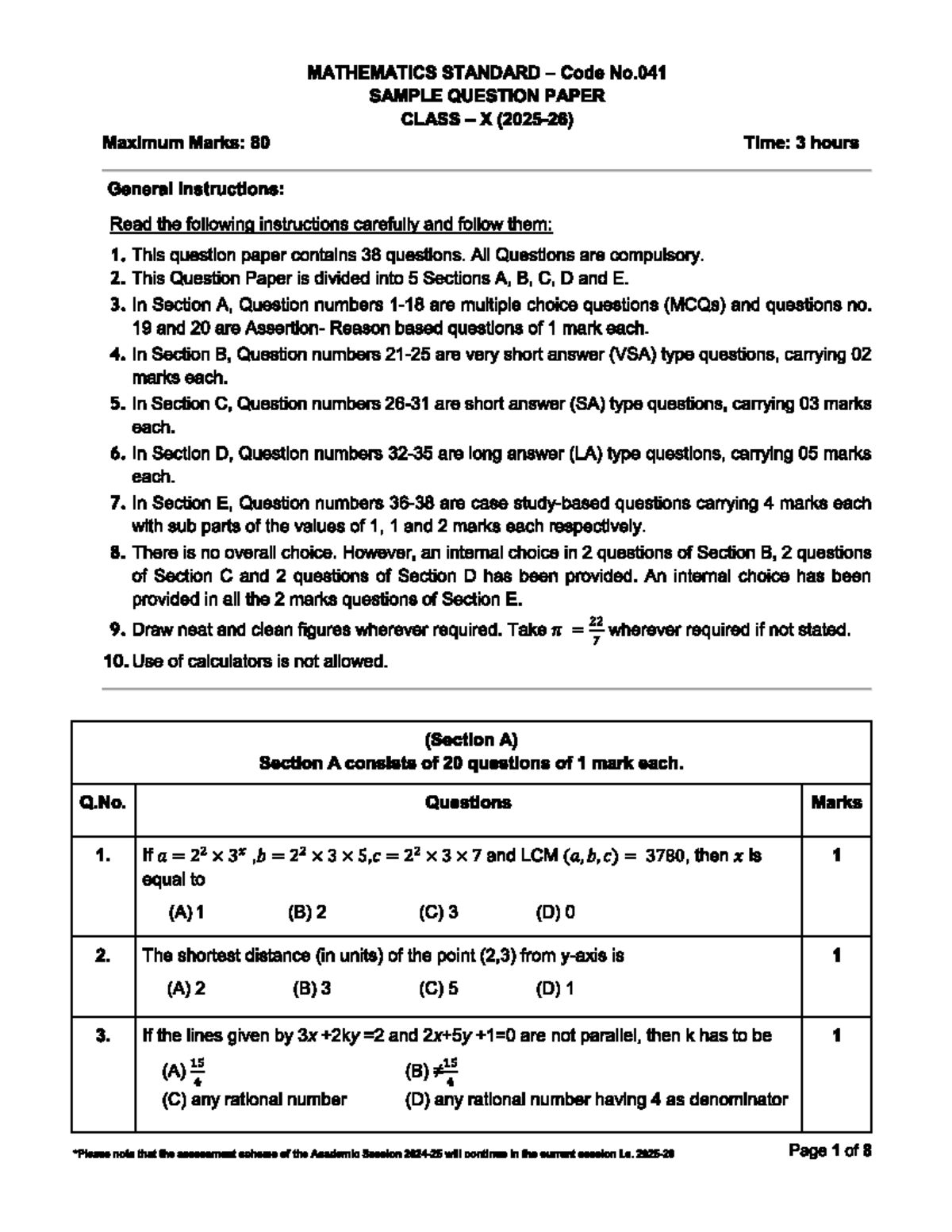 Mathematics Standard Code No. 041 Sample Question Paper for Class X ...