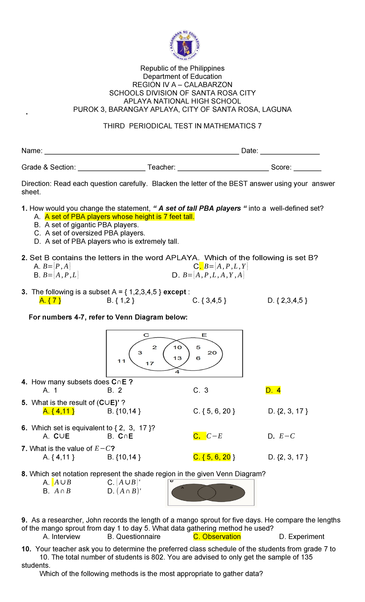 G7-Math Third Periodical Test: Aplaya National High School - Studocu