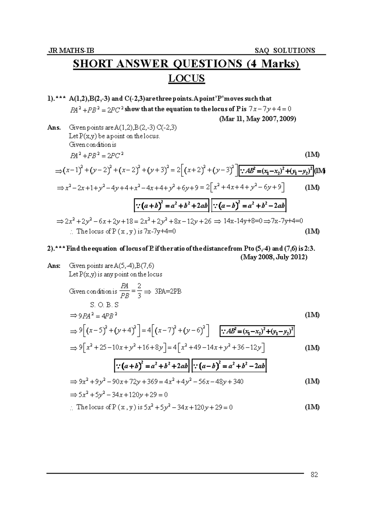 JR SAQ SOLUTIONS: Locus Equations and Short Answer Questions (Maths 1B ...