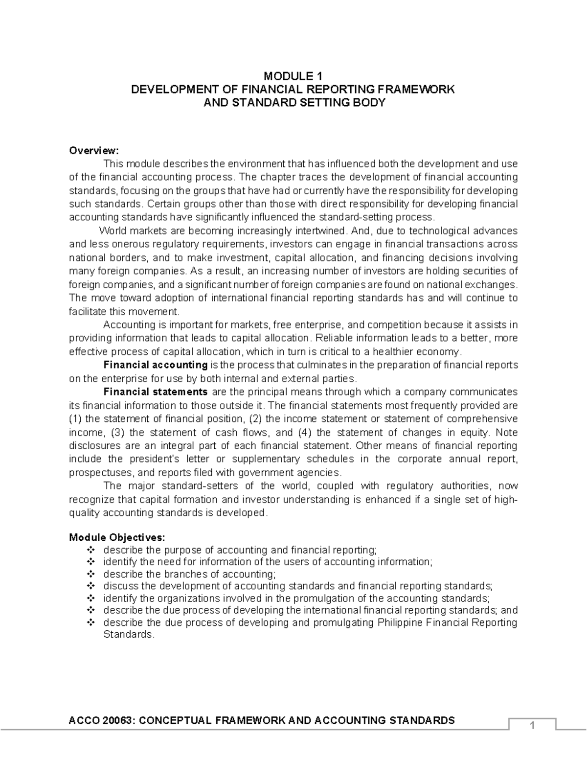 Module 1: Financial Reporting Framework & Standard Setting Overview - Studocu