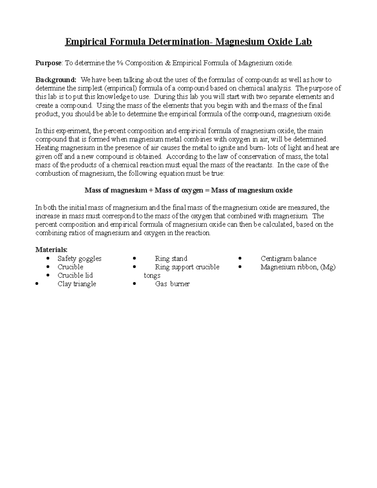 Magnesium Oxide Lab: Empirical Formula & Percent Composition ...