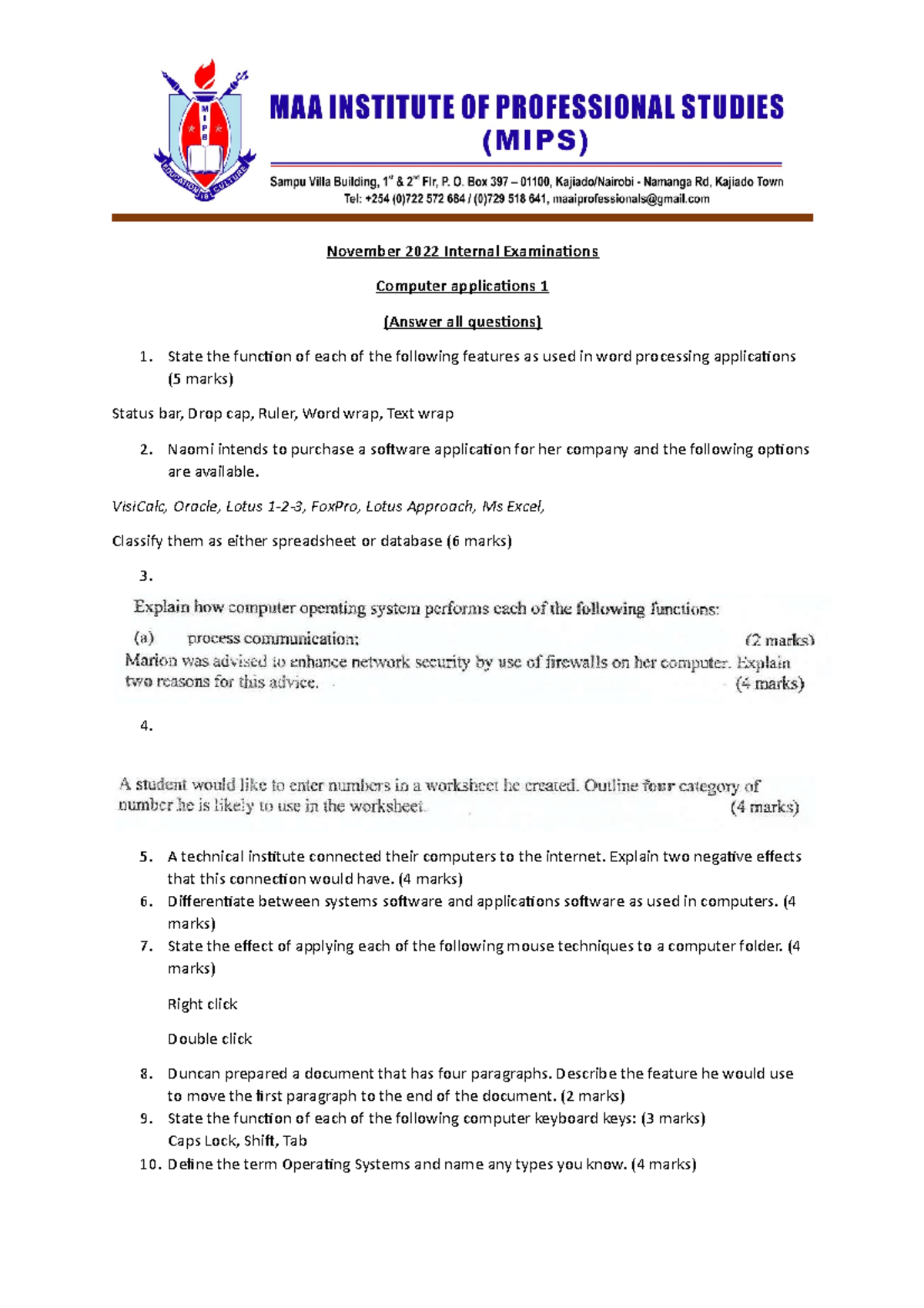 Computer applications 1 - November 2022 Internal Examinations Computer ...