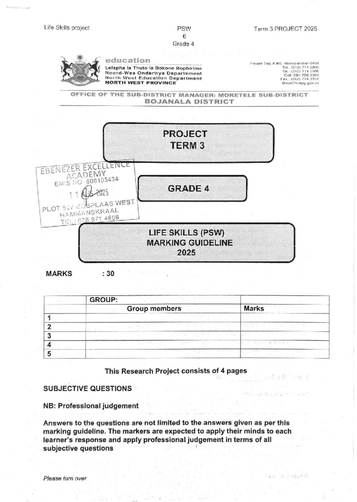 Life Skills Project PSW Term 3: Grade 4 Cultural Exploration and Safety ...