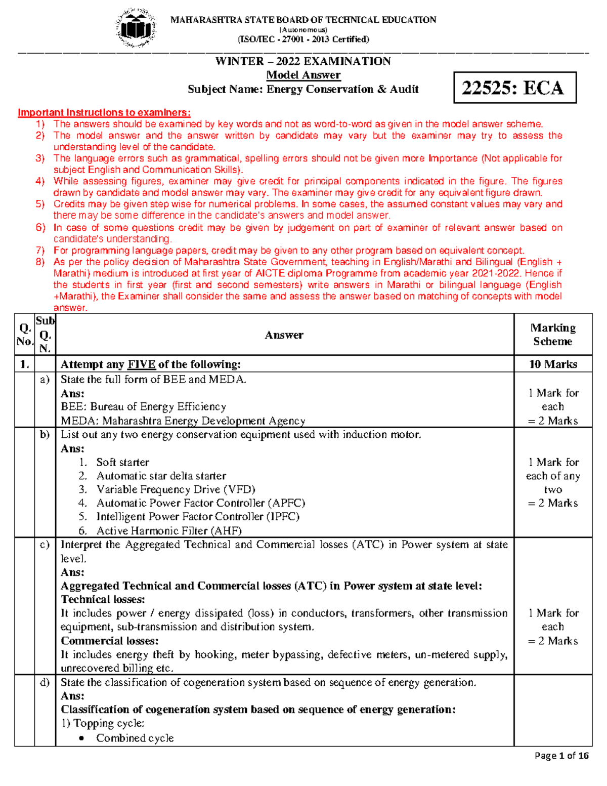W-22, 22525: Energy Conservation Audit Model Answer for Winter 2022 ...