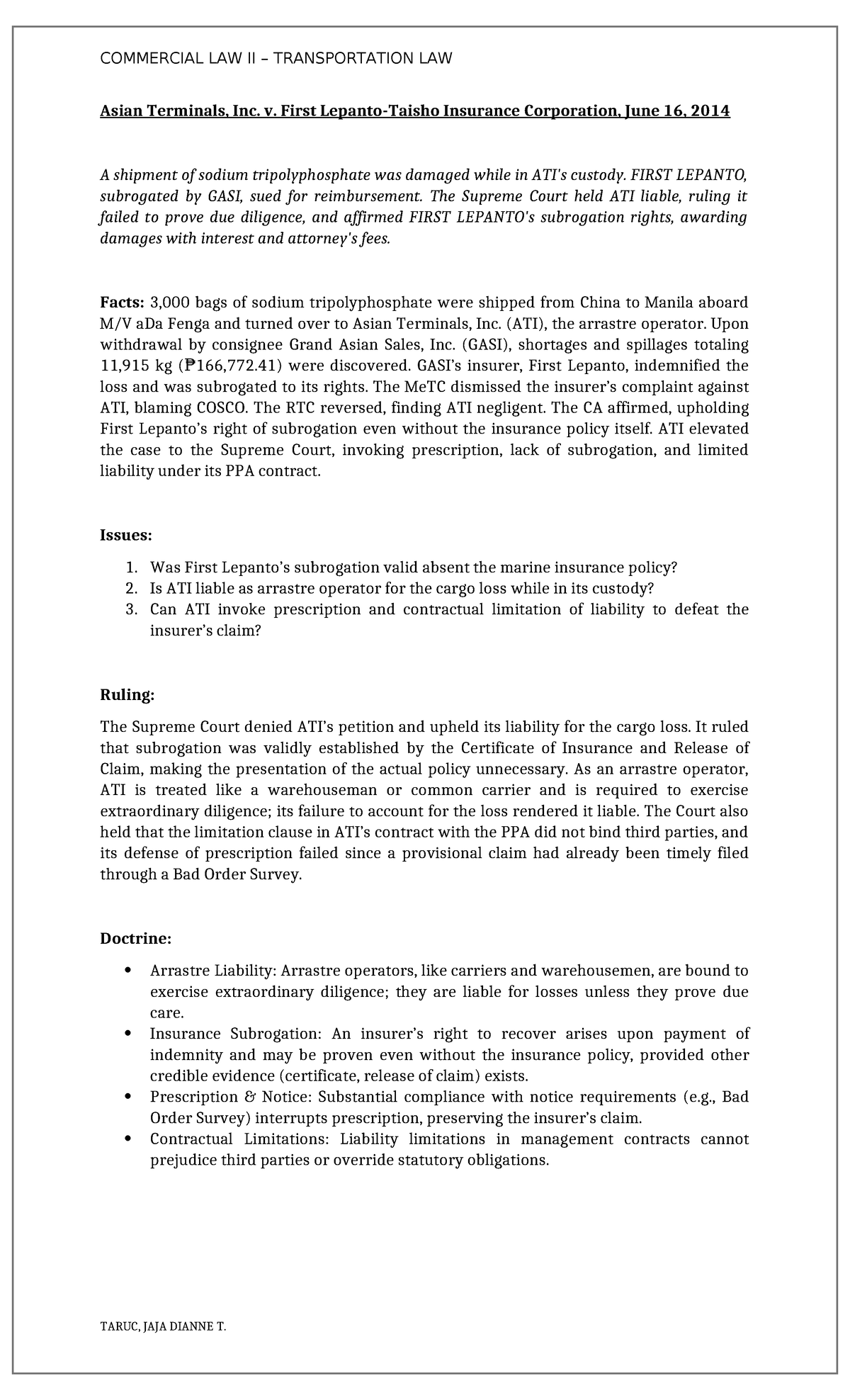 COMMERCIAL LAW II: Asian Terminals, Inc. v. First Lepanto Case Study ...