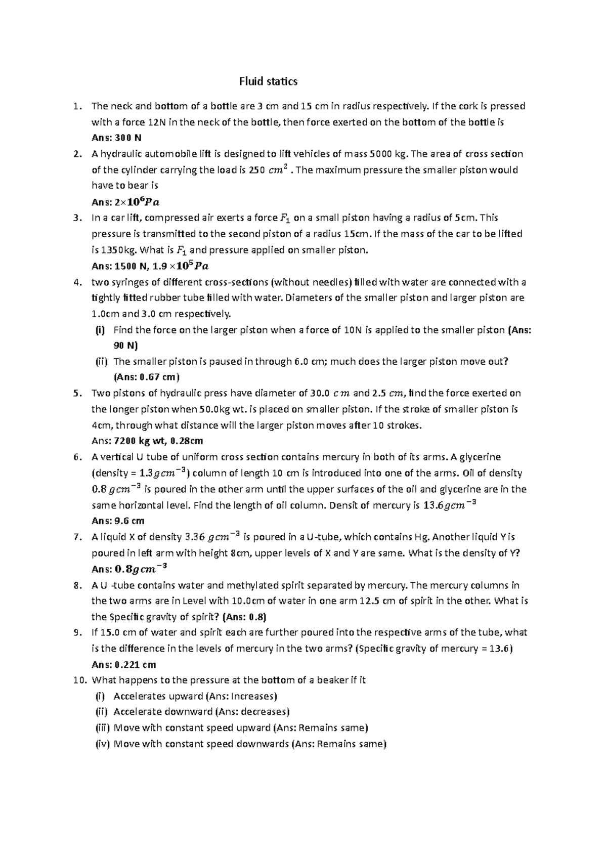 Fluid Worksheet: Concepts and Calculations in Fluid Statics and ...